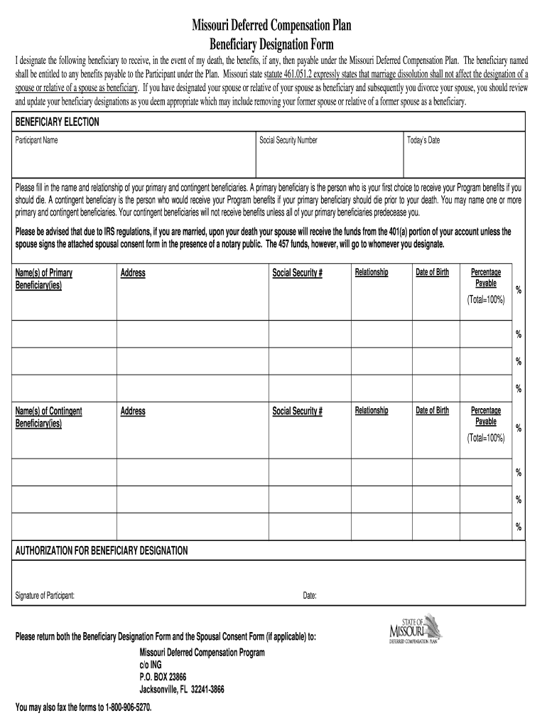 Fillable Online Missouri Deferred Compensation Plan Beneficiary ...