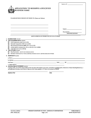 Fillable Online Name Reservation - Vermont Secretary of State Fax Email ...