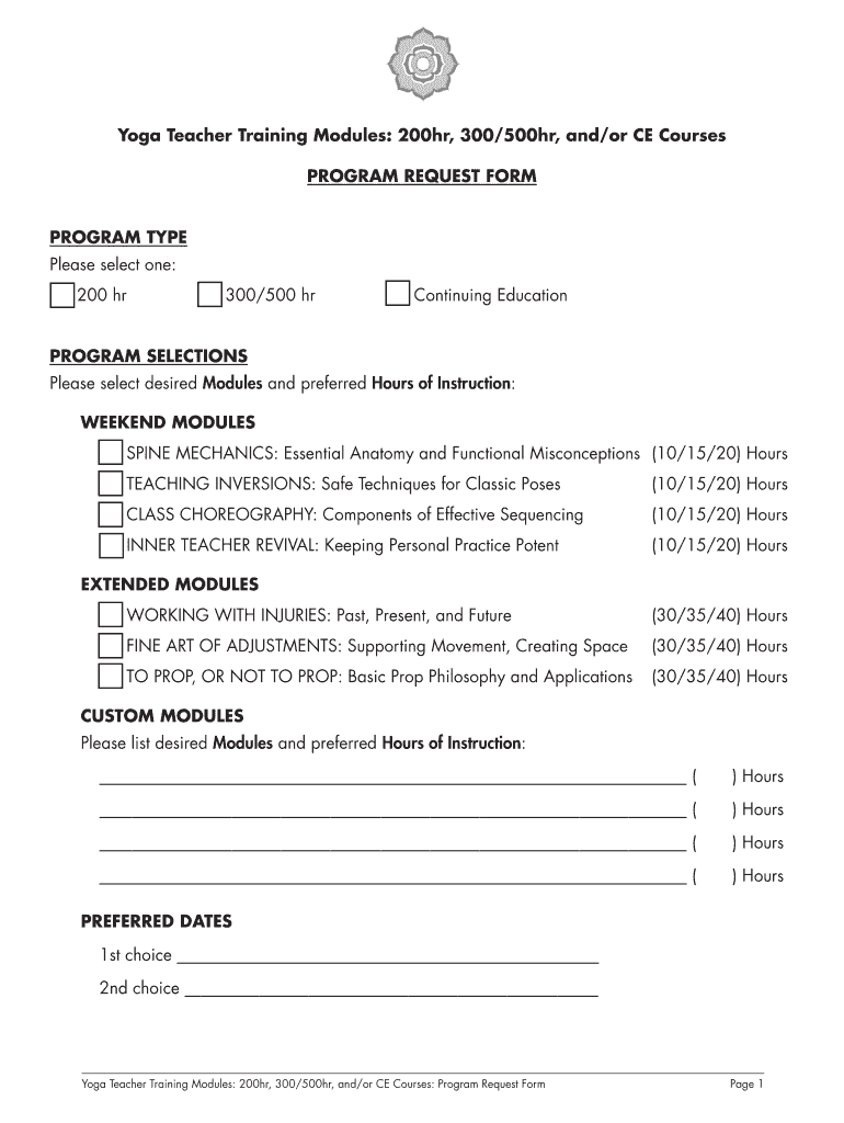 Fillable Online Yoga Teacher Training Modules: 200hr, 300/500hr ...