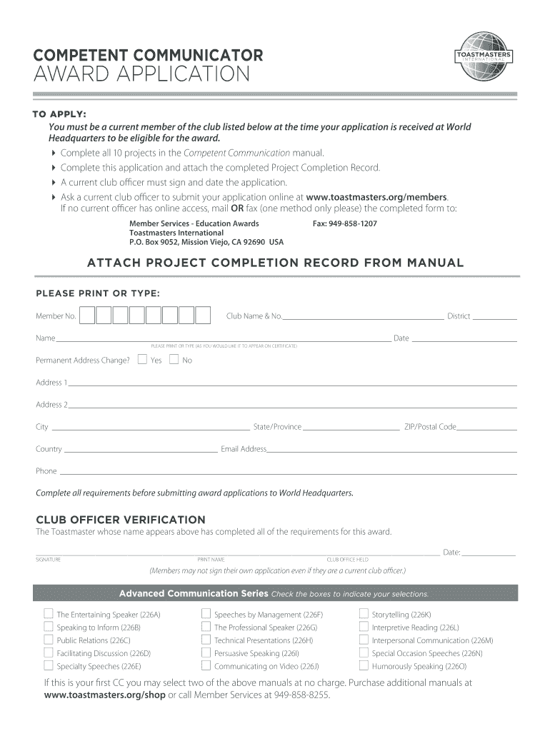 Competent Communicator Award Application Form - Fill Online, Printable, Fillable, Blank - pdfFiller