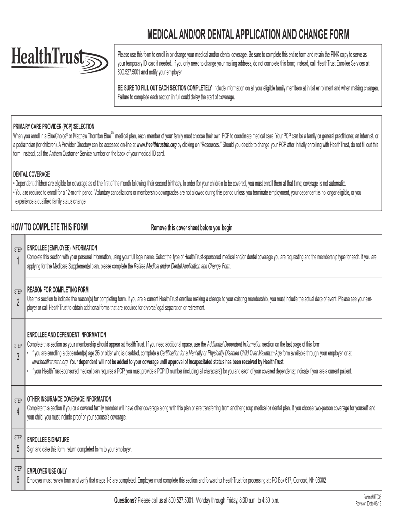Fillable Online staging sau44 Medical and/or dental application and change form - HealthTrust ...