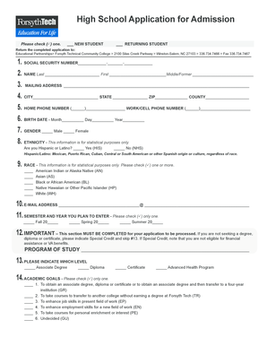 Fillable Online forsythtech High School Application for Admission ...