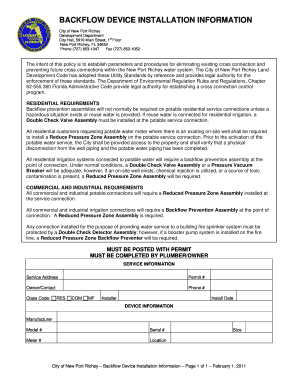 Fillable Online Backflow device installation information - City of New Port Richey Fax Email ...