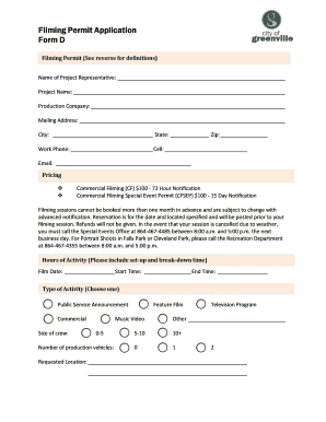 Fillable Online greenvillesc Filming Permit Application Form D - City ...