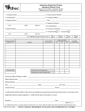 Fillable Online scdhec Asbestos Abatement Project Quarterly Report Form - Department of ... Fax ...