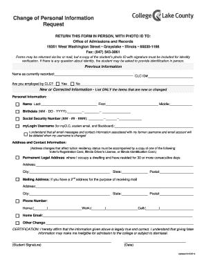 Fillable Online dept clcillinois Information Change Form - College of ...