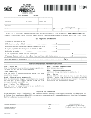Fillable Online MARYLAND 502E FORM EXTENSION TO FILE APPLICATION FOR ...
