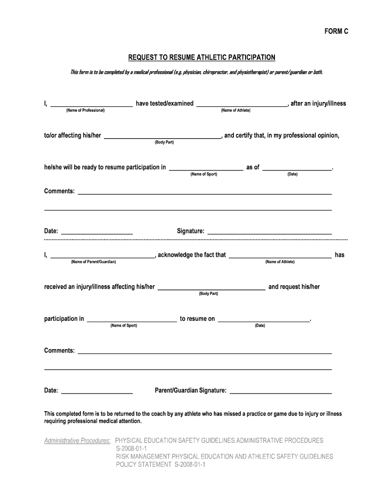 Fillable Online FORM C REQUEST TO RESUME ATHLETIC PARTICIPATION Fax ...
