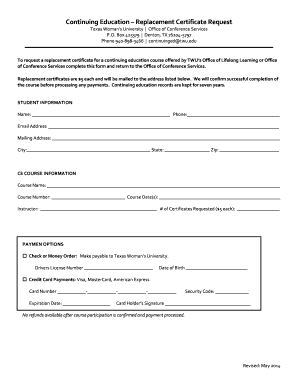 Fillable Online twu CEU Certificate Replacement Form - Texas Woman's ...