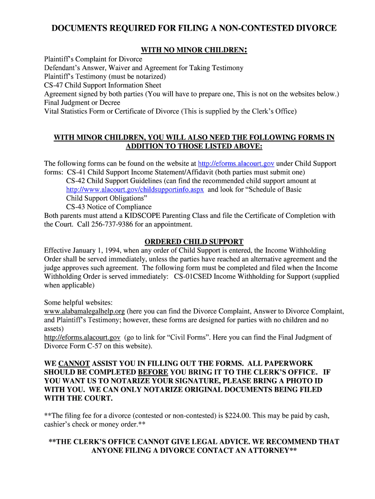 Fillable Online DOCUMENTS REQUIRED FOR FILING A NON-CONTESTED DIVORCE ...
