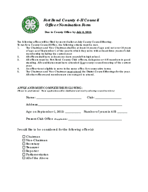 Fillable Online Fort Bend County 4-H Council Officer Nomination Form Fax Email Print - pdfFiller