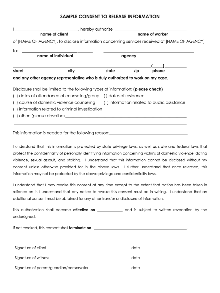 Fillable Online SAMPLE CONSENT TO RELEASE INFORMATION Fax Email Print ...