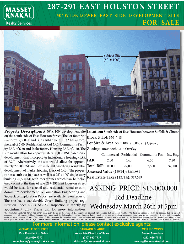Fillable Online 287-291 East Houston - Setup - Massey Knakal Fax Email ...