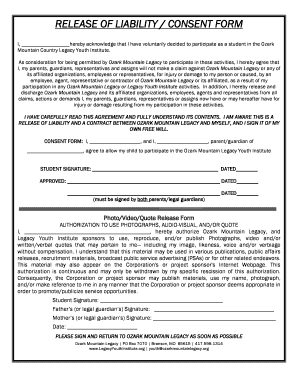 Fillable Online legacyyouthinstitute RELEASE OF LIABILITY / CONSENT ...