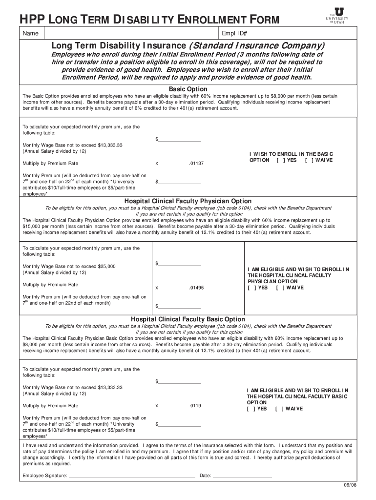 Fillable Online hr utah HPP LONG TERM DISABILITY ENROLLMENT FORM - hr ...