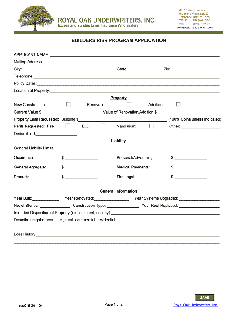 Fillable Online Builders' Risk Program Application Fax Email Print ...