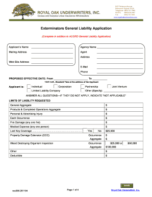 Fillable Online Exterminators General Liability Application Fax Email ...