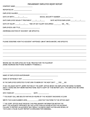 Fillable Online PRELIMINARY EMPLOYEE INJURY REPORT Fax Email Print ...