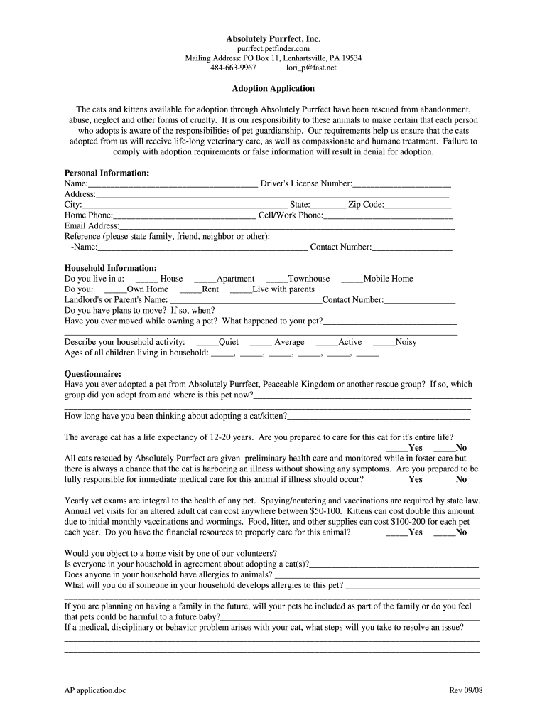 Fillable Online Absolutely Purrfect, Inc. Adoption Application The cats ...