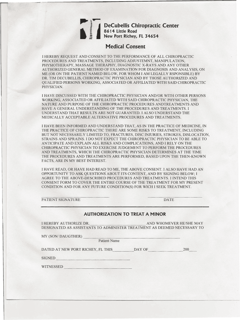 Fillable Online Medical Consent Form - DeCubellis Chiropractic Fax ...