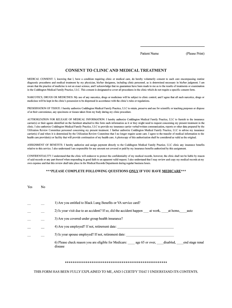 Fillable Online CONSENT TO CLINIC AND MEDICAL TREATMENT Fax Email Print - pdfFiller