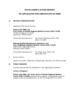 Fillable Online STATE AGENCY ACTION REPORT ON APPLICATION FOR CERTIFICATE OF NEED Fax Email ...