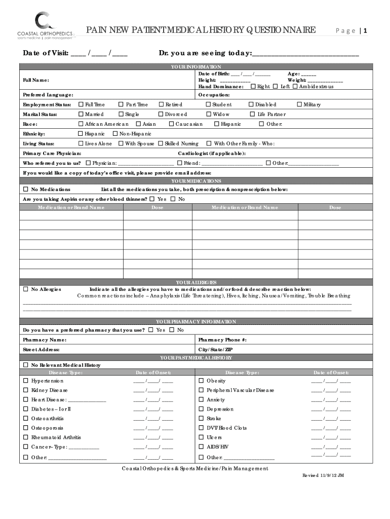 Fillable Online PAIN NEW PATIENT MEDICAL HISTORY QUESTIONNAIRE Fax Email Print - pdfFiller