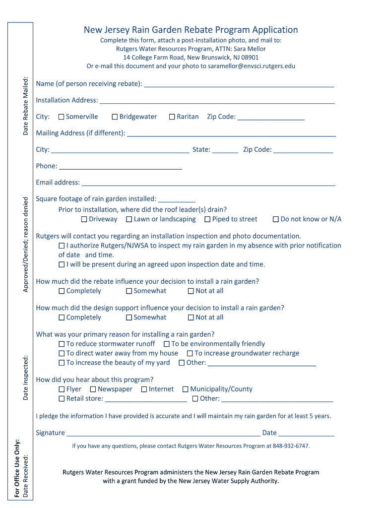 Fillable Online water rutgers Rain Garden Rebate Application - Water Resources Program Fax Email ...