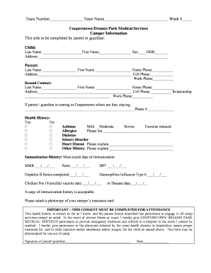 Fillable Online Cooperstown Dreams Park Medical Services Camper ...