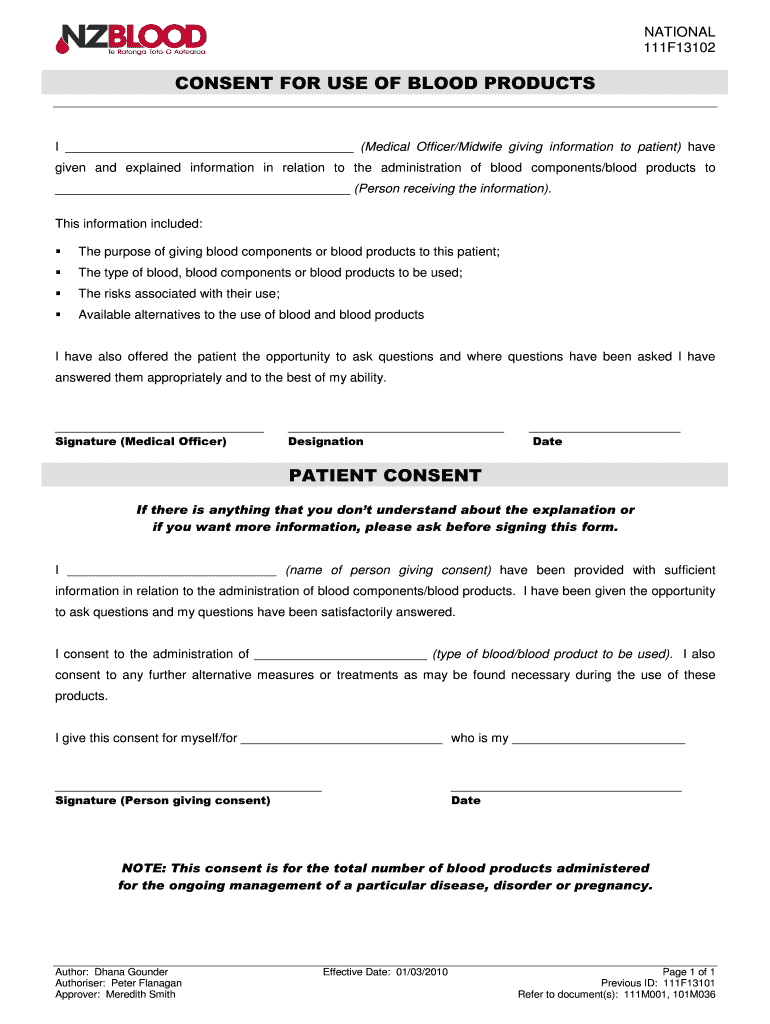 Fillable Online nzblood co BCONSENTb FOR USE OF BLOOD PRODUCTS PATIENT ...