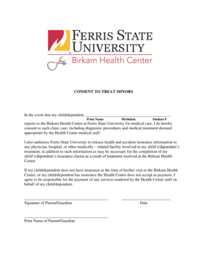 Fillable Online ferris Consent To Treat Minors Form - Ferris State University - ferris Fax Email ...