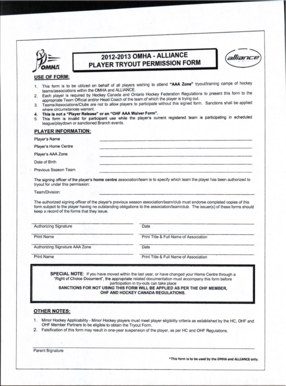 Fillable Online 2012-2013 OMHA - ALLIANCE 'OMH/i PLAYER TRYOUT ...