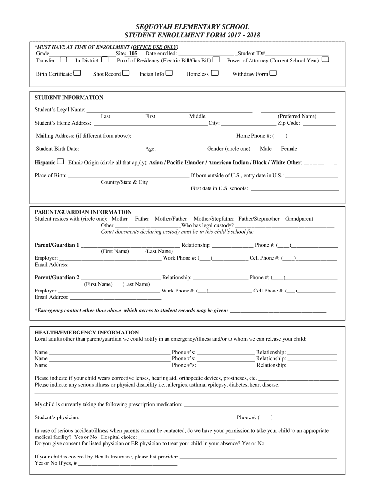 Fillable Online sequoyaheagles SEQUOYAH ELEMENTARY SCHOOL STUDENT ENROLLMENT FORM 2017 - 2018 ...
