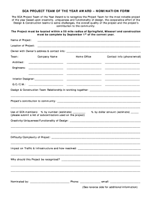 Fillable Online springfieldcontractors SCA PROJECT TEAM OF THE YEAR AWARD NOMINATION FORM ...