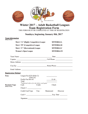 Fillable Online Winter 2017 Adult Basketball Leagues Team Registration ...