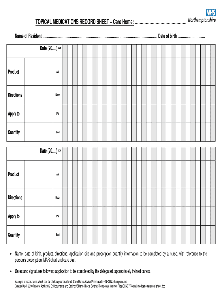 Fillable Online TOPICAL MEDICATIONS RECORD SHEET Care Home: Fax Email ...