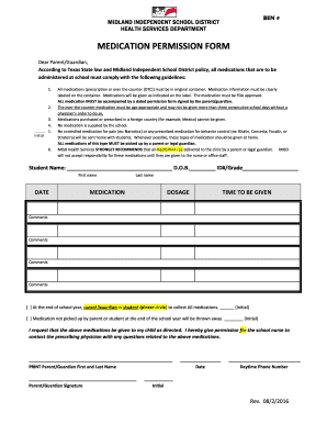 Fillable Online Medication Permission Form (English) - Midland Independent ... Fax Email Print ...