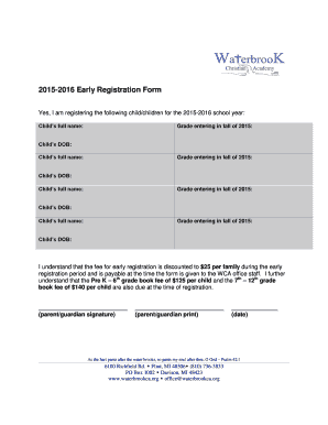Fillable Online waterbrookca 2015-2016 Early Registration Form ...