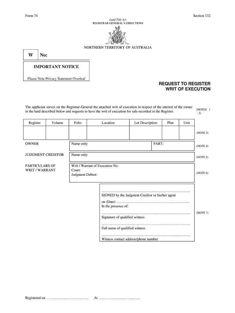 Fillable Online nt gov Form-74- Request to register writ of execution ...