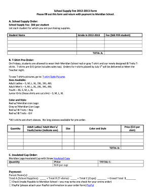 Fillable Online mwschool School Supply Fee 2012- 2013 Form - mwschool ...
