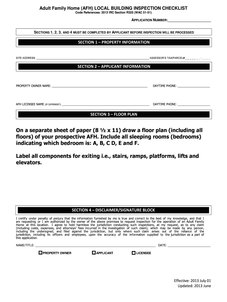 Fillable Online Adult Family Home (AFH) Local Building Inspection ...
