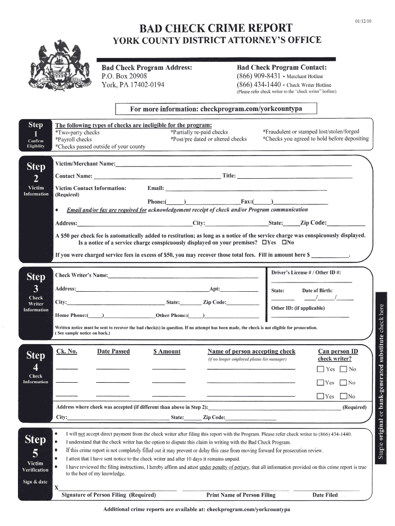 Fillable Online BADCHECK CRIME REPORT - West Manheim Township, York ...