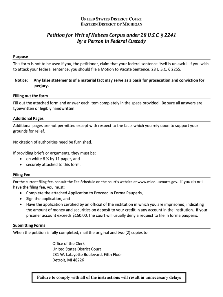 Fillable Online mied uscourts Petition for Writ of Habeas Corpus under ...
