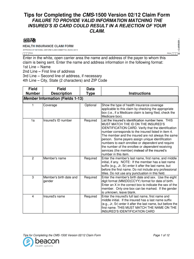 Fillable Online Tips for Completing the CMS-1500 Version 02/12 Claim ...