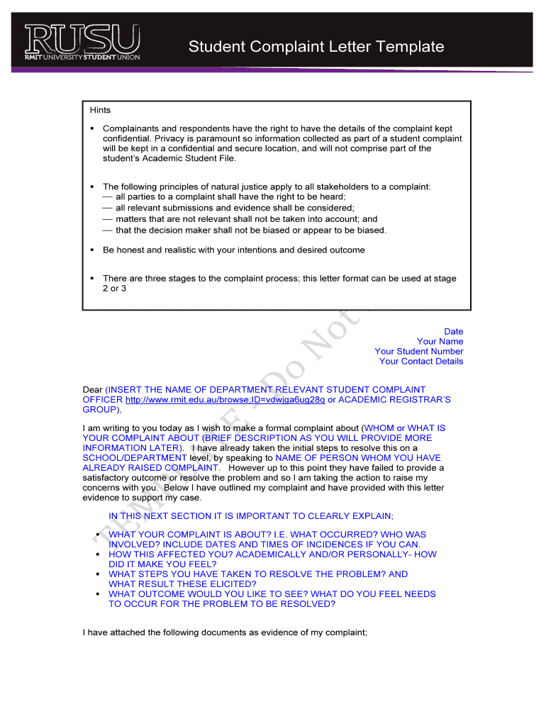 Fillable Online Student Complaint Letter Template - RMIT Student Union ...