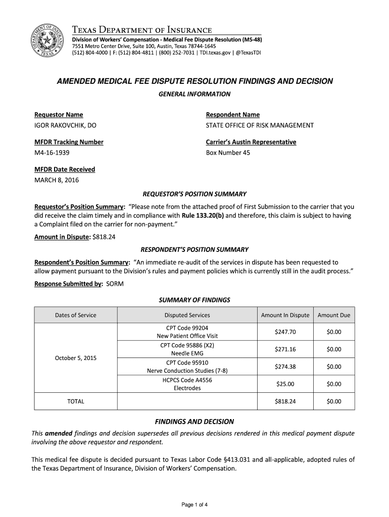 Fillable Online tdi texas Division of Workers' Compensation Letter ...