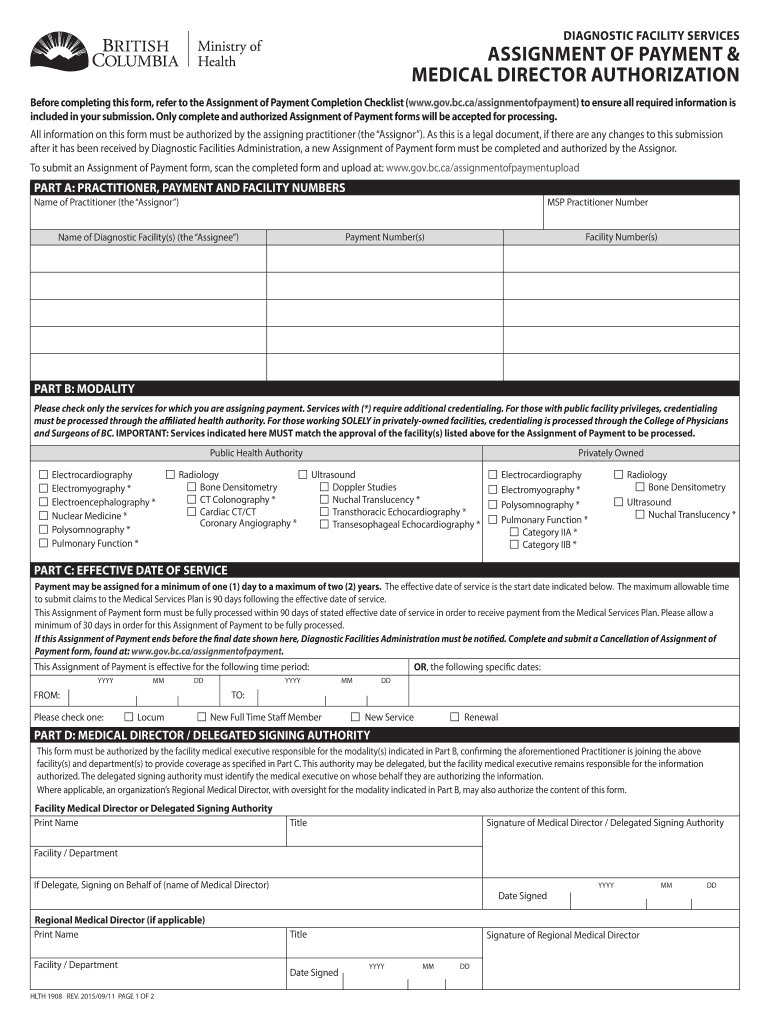 Fillable Online Assignment of Payment and Medical Director ...