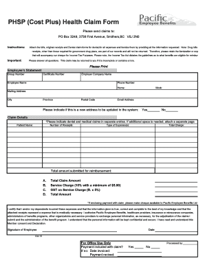 Fillable Online PHSP (Cost Plus) Health Claim Form - pebplans.com Fax ...