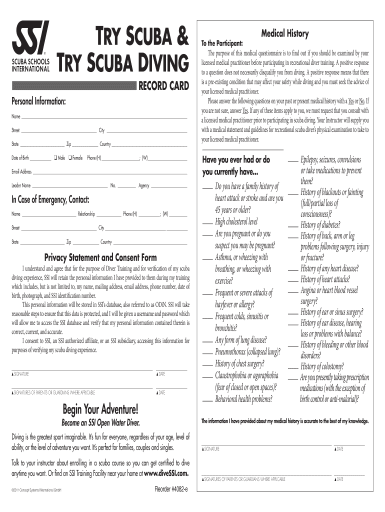 Fillable Online TRY SCUBA Medical History To the Participant: TRY SCUBA DIVING Fax Email Print ...