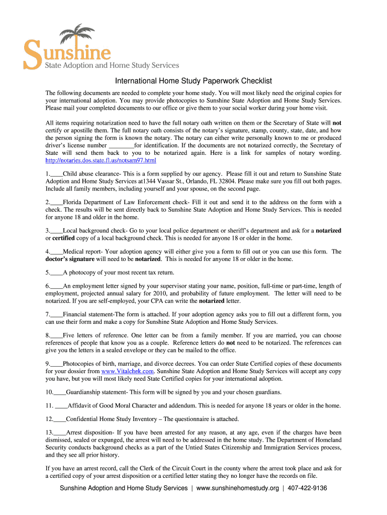 Fillable Online sunshinehomestudy International Home Study Paperwork ...